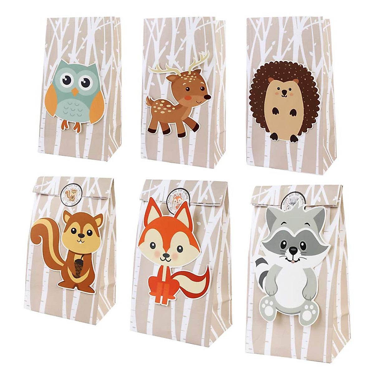 OurWarm 24pcs Woodland Party Favor Bags, 3D Animals Candy Treat Gift Bags with Thank You Stickers for Kids Woodland Animals Theme Baby Shower Birthday Party Decorations Supplies, 6 Styles
