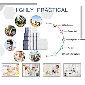 CASA COPENHAGEN White Bay, 6 Pieces Towel Set- White with Dark Grey and Grey Violet Border, 600 GSM, 2Bath, 2Hand, 2Washcloths Egyptian Cotton Towel for Hotel Spa Kitchen Bathroom Kitchen & Shower