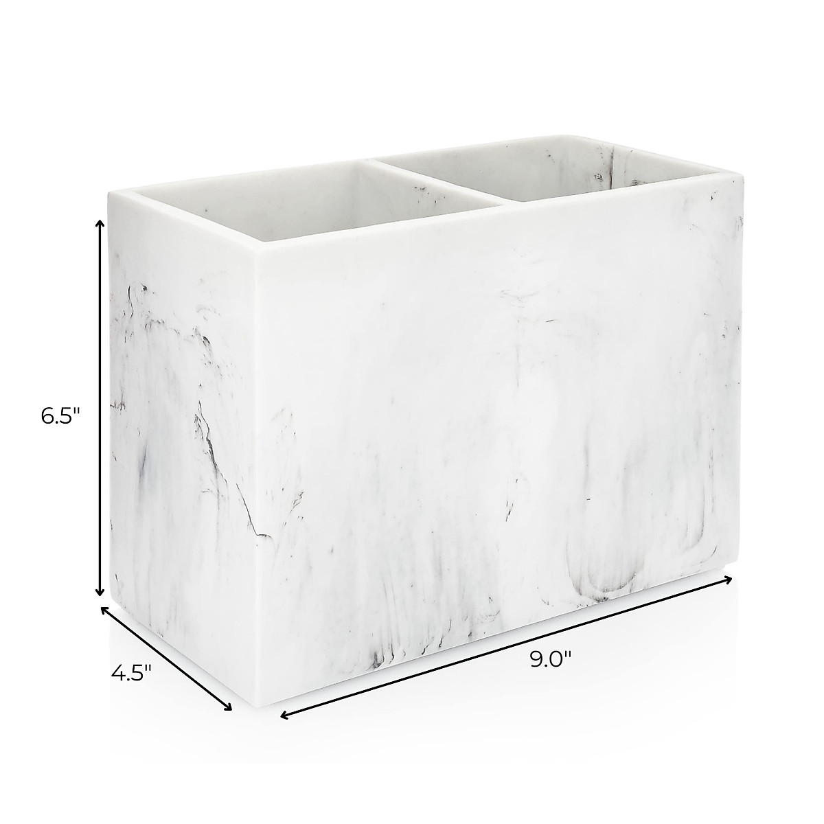 Essentra Home White Marble Kitchen Utensil Holder for Countertop, Rectangular Utensil Crock with Two Compartments.