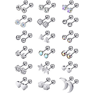 18 Pairs Stainless Steel Stud Earrings Solid Rhinestone Earring Cartilage Earrings Helix Ear Piercing Jewelry for Women Men (Steel Color, 18 G/ 1 mm with 4 mm Screw Ball)