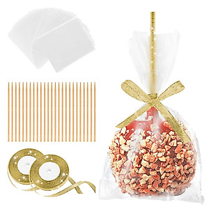 MGWOTH Candy Apple Bags and Sticks Set of 50, Caramel Apple Wrapping Kit with Bamboo Skewer for Rice Krispie Treat, Fruit Pop Golden Glitter Ribbon Wrapper for Party Birthday Wedding Christmas Dessert