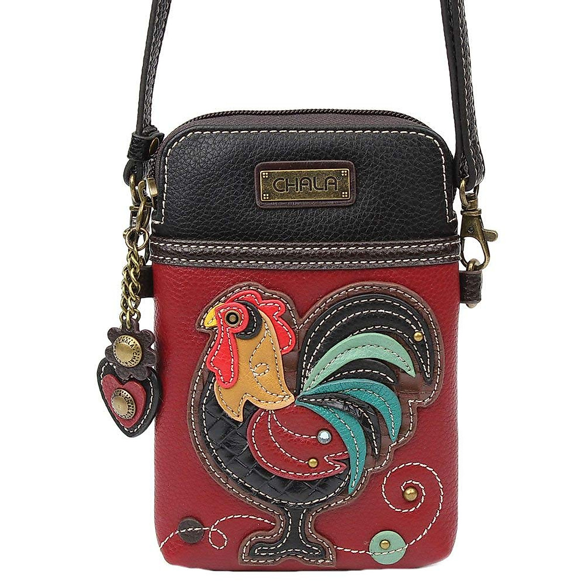 Chala Group Rooster Cellphone Crossbody Handbag - Rooster Gift, Burgundy, 5" x 7.5" x 1"