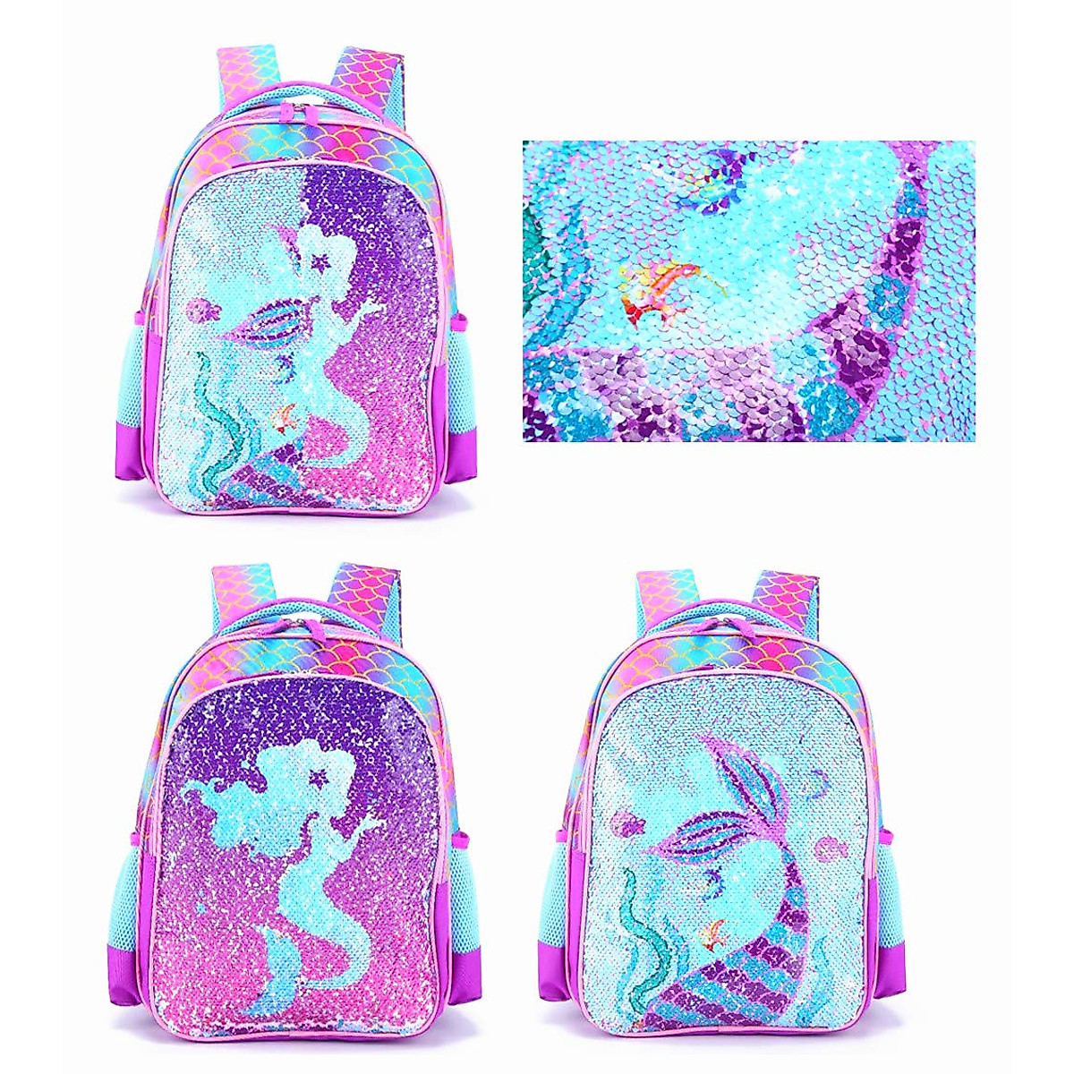 Reversible Sequin School Backpack Lightweight Little Kid Book Bag for Preschool Kindergarten Elementary (15", Mermaid)