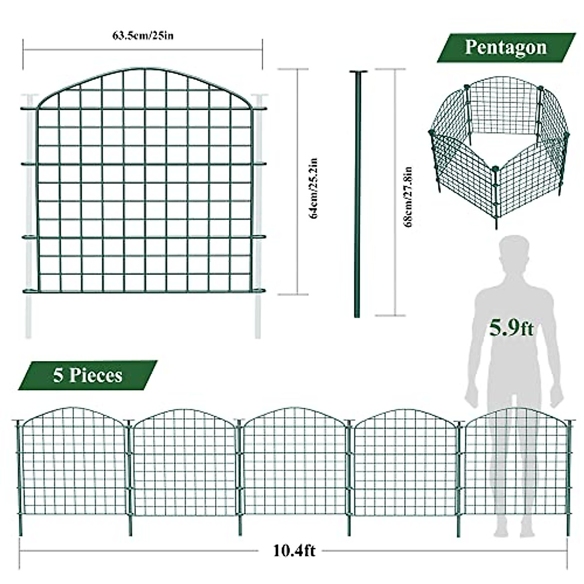 EEIEER Multi-Purposes Garden Fence, Decorative Garden Fencing, Dog Pet Fences for Yard Pond Patio, 25 x 25'' Metal Fence Panels for Outdoor Decoration & Protection, 5 Panels & 6 Sticks-Arched