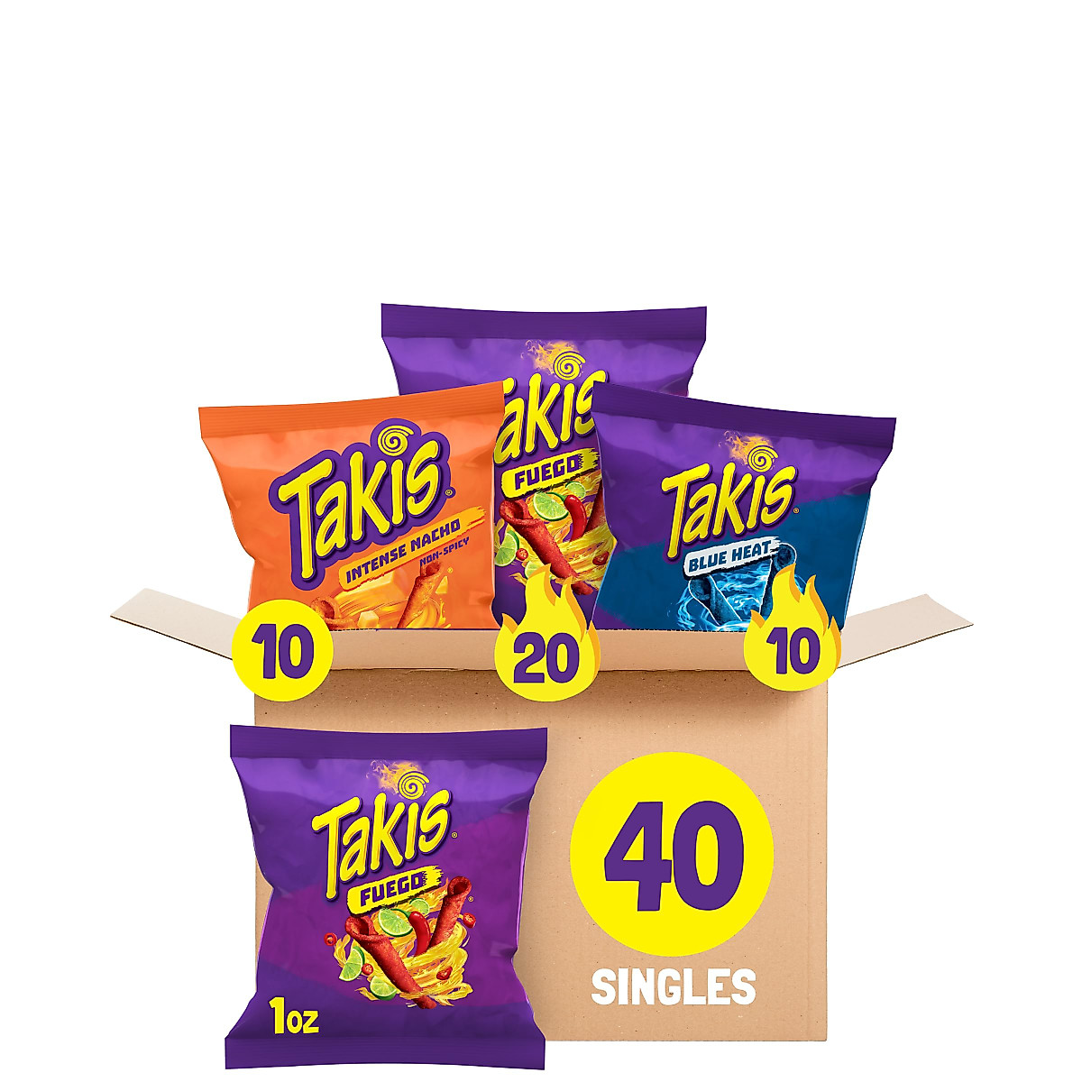 Takis 40 pc / 1 oz Hero Variety Pack, Assorted Flavored Mixed Rolled Tortilla Chips – (20) Fuego 1 oz, (10) Blue Heat 1 oz, (10) Intense Nacho 1 oz