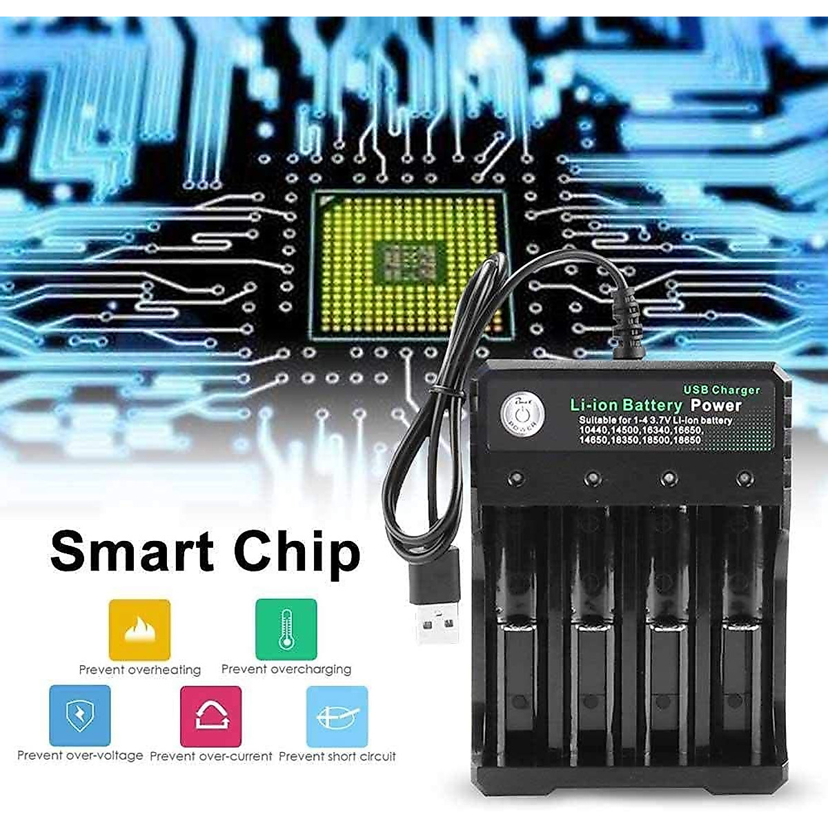 18650 Battery Charger 4 Bay, 18650 Charger 2A Quick Charger for 3.7V Rechargeable Batteries 18650 17670 16340 14500 10440 Battery (Not Included Batteries)
