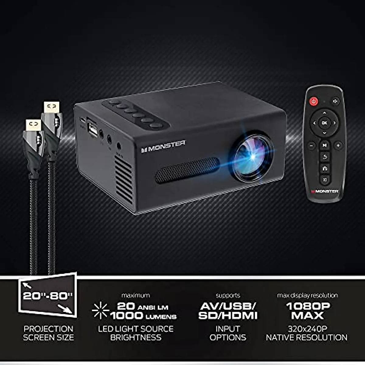 Monster Image Mini Small Format LCD Projector 1920x1080 HD Quality, Project Up to 8 Feet Away, Works On Projection Screens Ranging from 20-80 Inches. Supports Any Format with Universal HDMI Cable