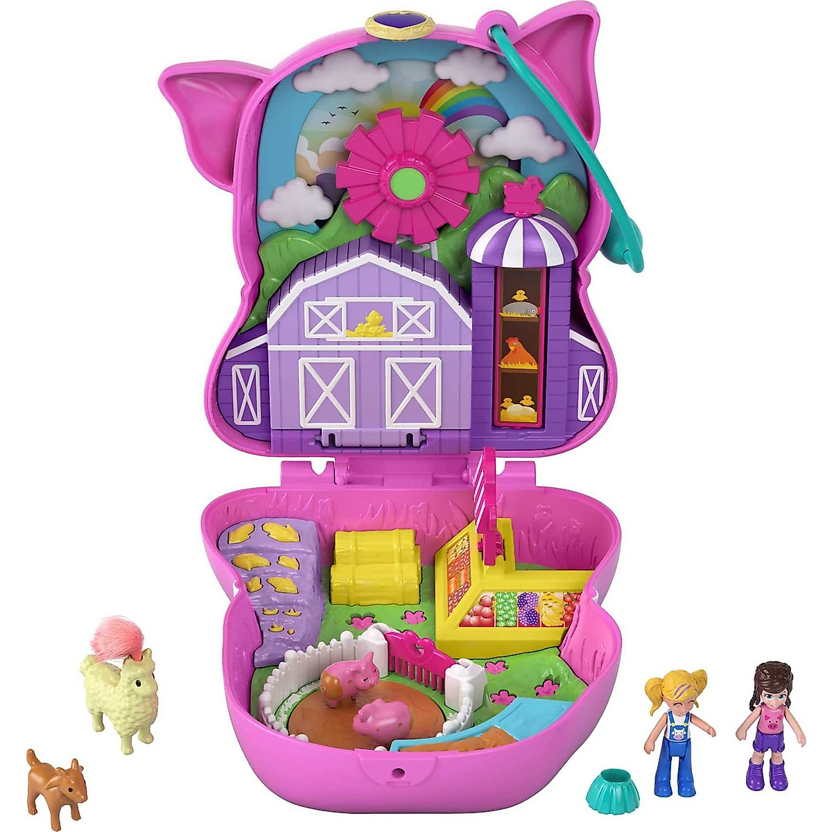 Polly Pocket On The Farm Piggy Compact, Farm Theme, Micro Polly Doll & Friend Doll, 2 Animal Figures (1 Alpaca with Hair), Fun Features & Surprise Reveals, Great Gift for Ages 4 Years Old & Up