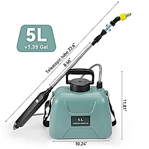 Toovem 5L Battery Powered Sprayer, Electric Sprayer with USB Rechargeable Handle, Potable Garden Sprayer with Telescopic Wand 2 Mist Nozzles and Adjustable Shoulder Strap (Blue)