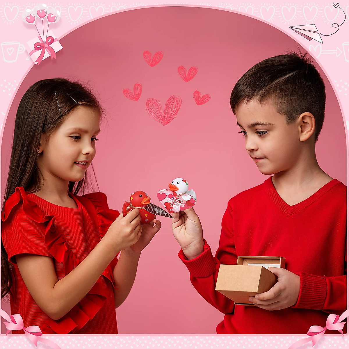 2 Inch Valentine Rubber Duckies with Valentine's Day Gift Cards Heart Ducks Love Small Rubber Ducks Cute Duck Bath Tub Pool Toys for Classroom Exchange Carnival Party Favors Game Prizes (24 Pcs)