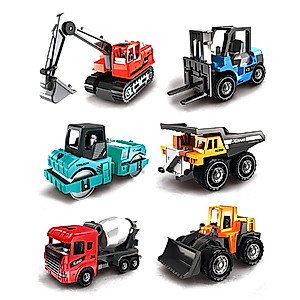 Odowalker Construction Trucks 6pcs Colorful Mini Assorted Construction Vehicles Alloy Diecast Car Sand Box Excavator Cement Dumper Bulldozer Forklift