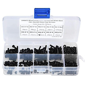 M2.5 x 3-20mm Alloy Steel Socket Head Screws, Black Screw Bolt with Nut, 300Pcs Socket Head Cap Screw Fastener for Professionals Amateurs