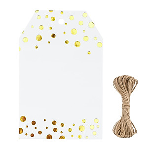 G2PLUS Foil Gold Dots Gift Tags,50Pcs White Paper HangTags with String,Metallic Gold Dots Present Tags Personalized Blank Labels for Wedding,Gift Wrapping,Birthday,Party Favors（3.34"×2.16"