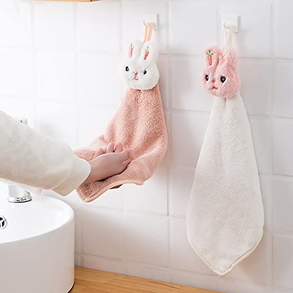 VSER 4 Pack Hanging Hand Towels for Bathroom&Kitchen,Ultra Thick Hand Towel with Hanging Loop,Cute Child/Kids Microfiber Rabbit Hand Towels.Soft,Absorbent,Fast Drying,Reusable,Stylish&Attractive