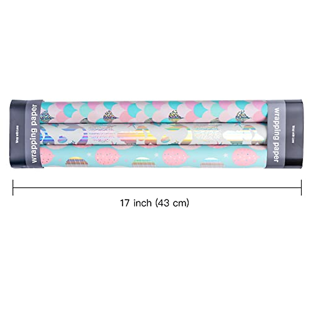 WRAPAHOLIC Wrapping Paper Roll - Mini Roll - 3 Rolls - 17 Inch X 120 Inch Per Roll - Mermaid Scale and Jellyfish Design with Colorful Foil for Birthday, Holiday, Baby Shower