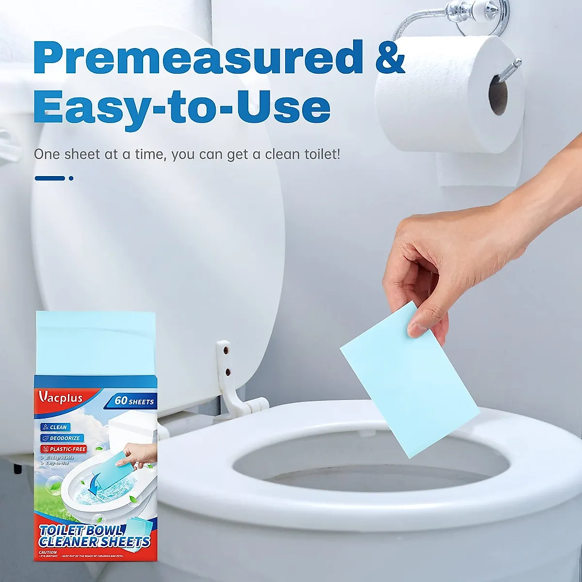 Vacplus Biodegradable Toilet Cleaning Strips - Plastic-Free, Pre-Measured Toilet Bowl Cleaner Sheets Remove Stains and Odors, 60 Pack