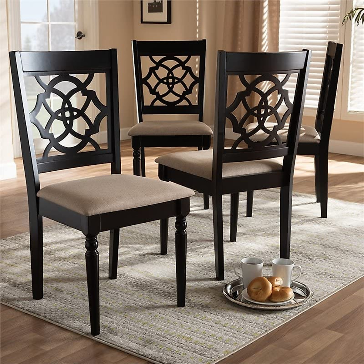 BOWERY HILL 17.9" Modern Oak Wood Dining Chair in Beige/Espresso (Set of 4)