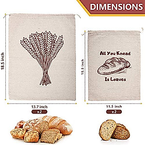 Linen Bread Bags, Pack of 4 Large and Extra Large Natural Unbleached Bread Bags, Reusable Drawstring Bag for Loaf, Homemade Artisan Bread Storage, Linen Bags for Food Storage, Ideal Gift for Bakers