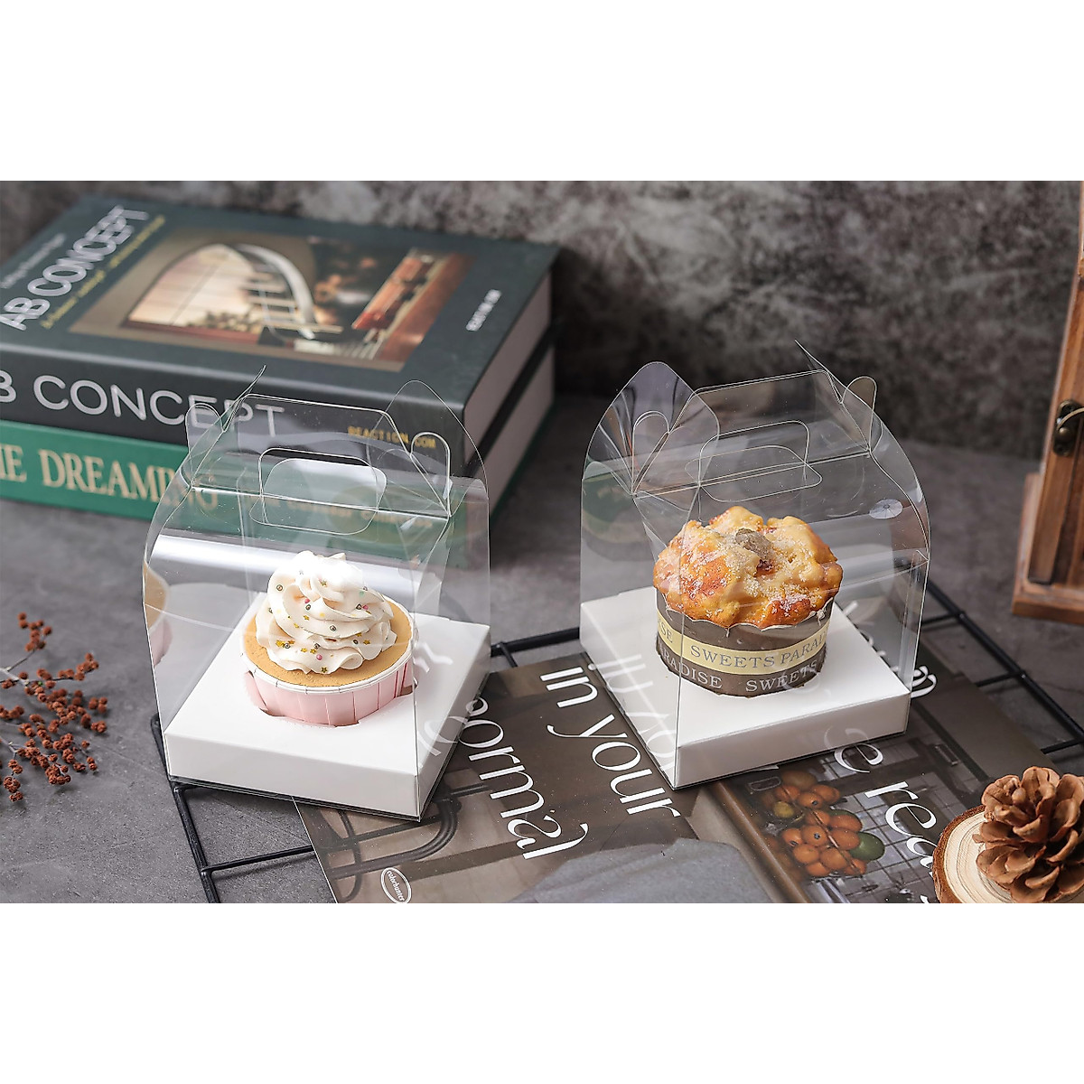 LOKQING 30 PCS Individual Cupcake Containers Single Cupcake Boxes with Handle and Inserts Clear Plastic Favor Boxes