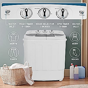 SUPER DEAL Compact Mini Twin Tub Washing Machine, Portable Laundry Washer w/Wash and Spin Cycle Combo, Built-in Gravity Drain, 13lbs Capacity for Camping, Apartments, Dorms, College Rooms, RV’s and more