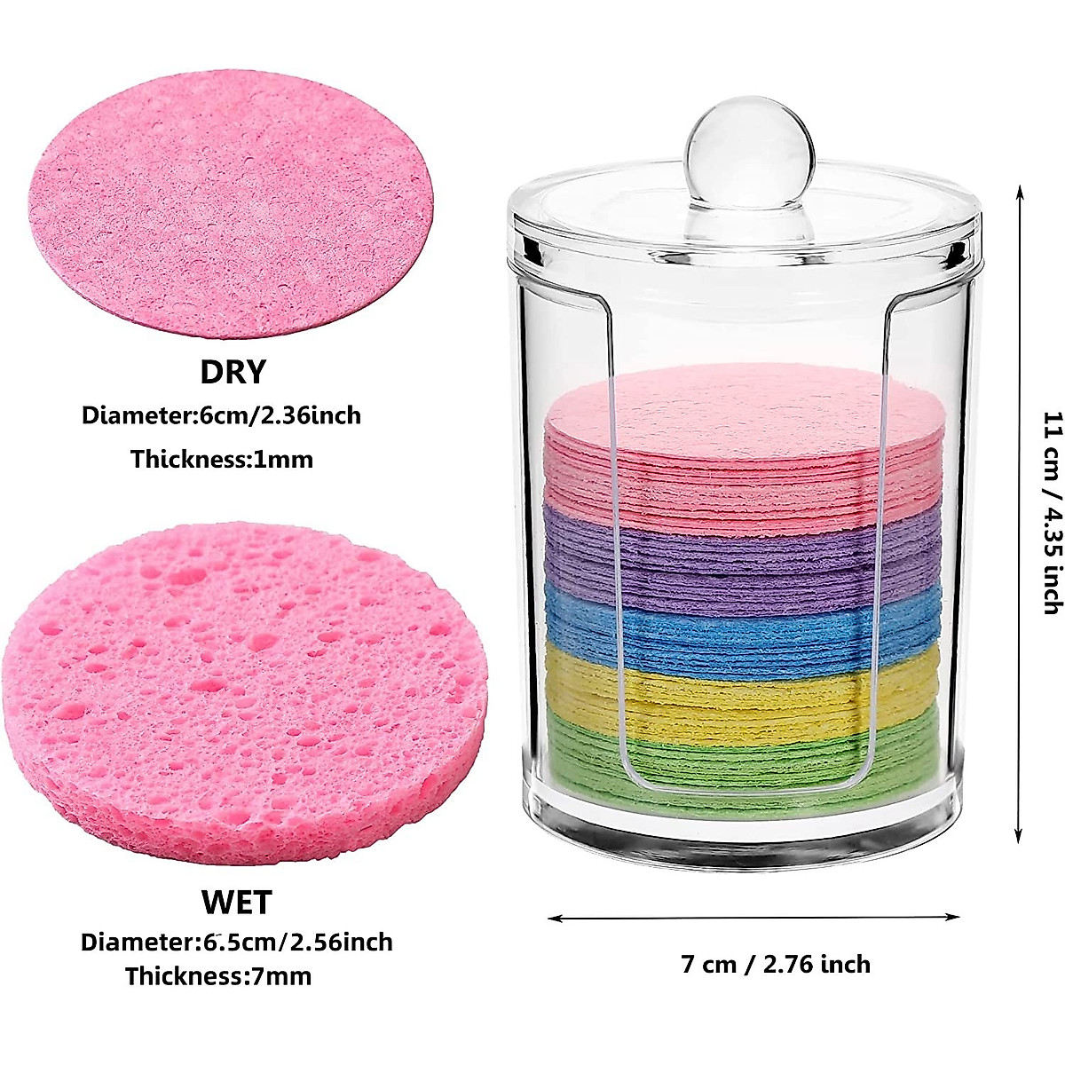 50-Count Compressed Natural Facial Sponges for Face Cleansing, Reusable Cosmetic Sponge, Used for Exfoliating and Makeup Removal With Clear Plastic Storage Jar (Colourful, 50pcs）