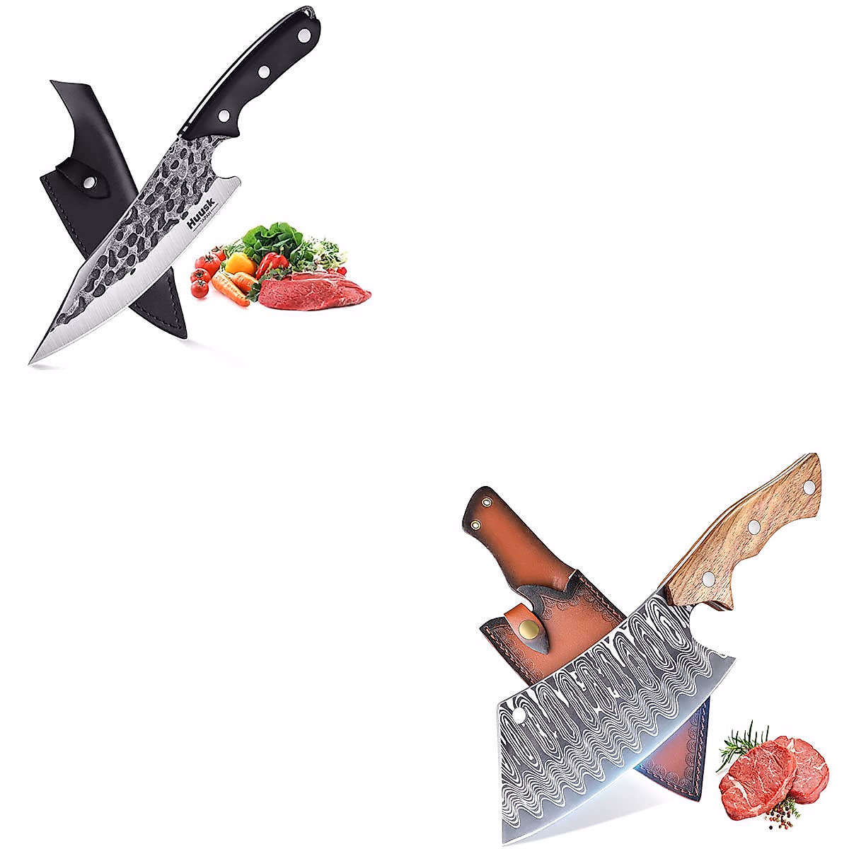 Huusk Meat Cleaver Knife with Sheath Bundle with High Carbon Steel Viking Boning Knife