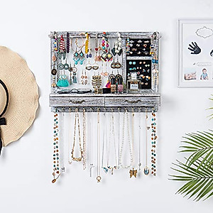 Dhmkfly Jewelry Wall Organizer Wall Mounted, Jewelry Hanger Display Rack Earring with Drawers, for Earring/Stud/Ring/Necklace/Bracelets Accessories Bangles Holder Girls Gift (White)