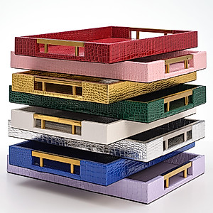 YAMILAN-17 x12 Serving Tray with Gold Polished Metal Handles,Decorative Tray for Coffee Table,Ottoman Tray for Living Room,Modern Elegant Rectangle Leather Trays for All Occasions/White Marble