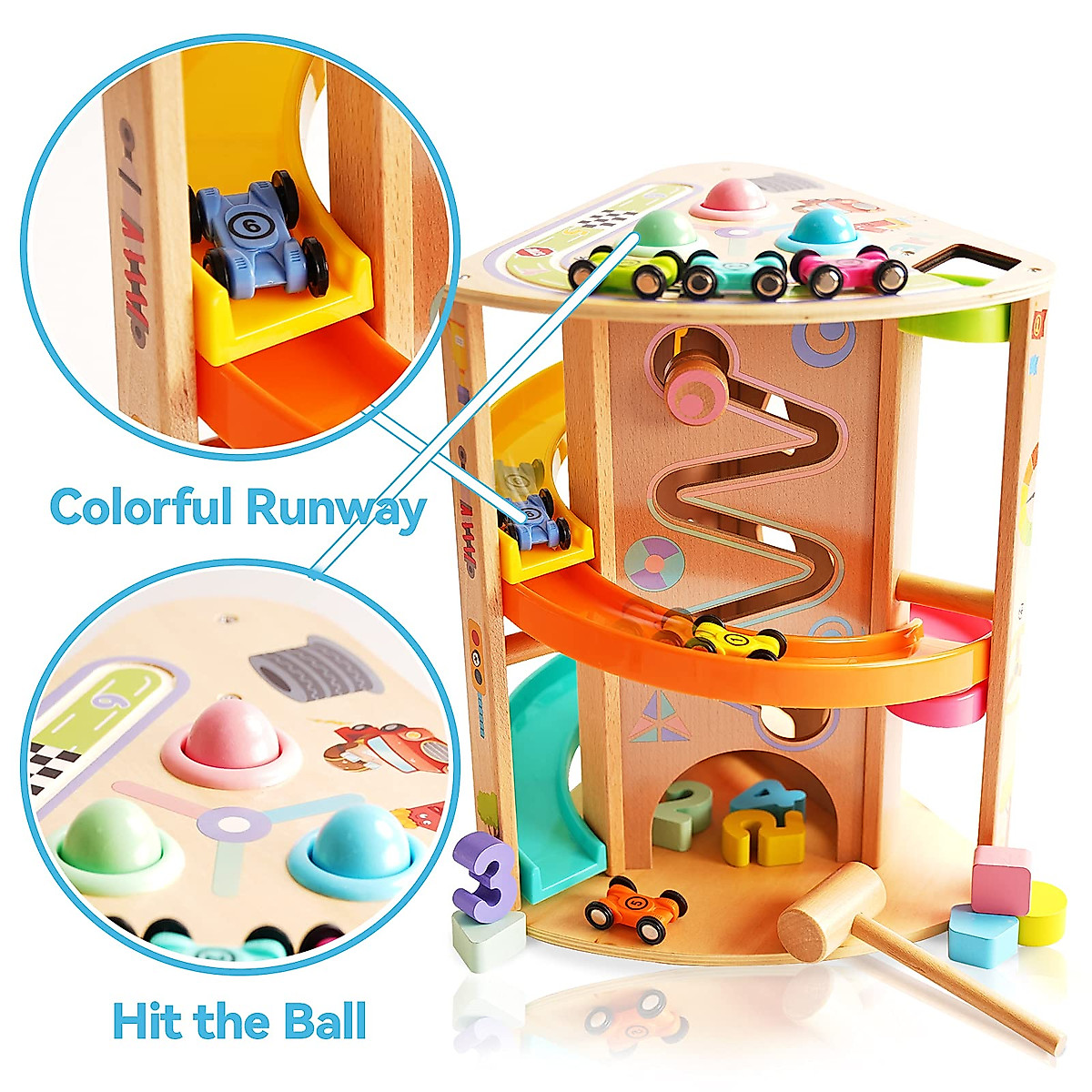 Toddler Toys Wooden Race Track Car Ramp Toys Vehicle Set with 6 Mini Cars & 5 Ramps Educational Cars Toys for 3+ Years Old Ramp Racer Toy Montessori Toys Craft Gift for Toddlers Boys and Girls