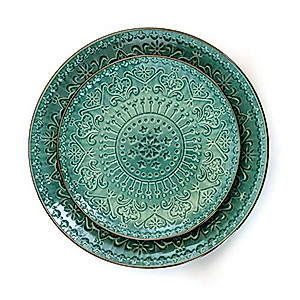 Elama Round Stoneware Embossed Dinnerware Dish Set, 16 Piece, Ocean Teal and Green
