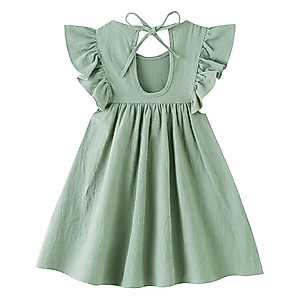 lymanchi Toddler Girl Sleeveless Dresses Ruffle Cotton Linen Solid Color Cute Sundress 818 Green 120