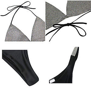 Women 2 Piece Shiny Diamond Crystal Bathing Suit Bikini Sexy Push Up Swimwear for Party Rave Clubwear Black