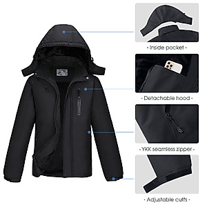 CAMEL CROWN Men's Winter Coats Mountain Waterproof Ski Jacket Warm Fleece Jacket with Detachable Hood Windproof Rain Jacket Black 2XL