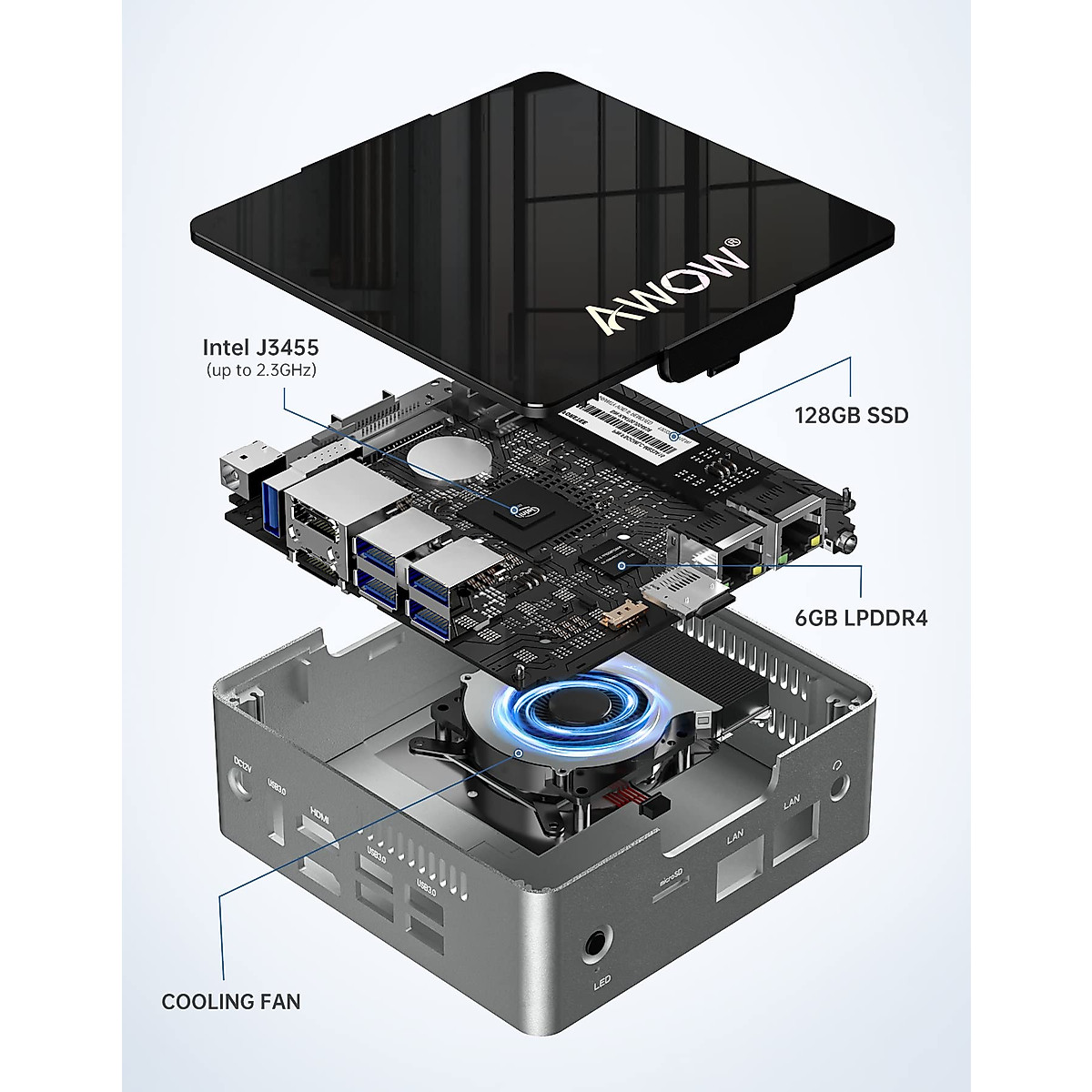 AWOW Mini PC Desktop Computer Intel Celeron J3455 6GB DDR4 128GB SSD/Burst Frequency 2.2 GHz/Dual LAN/ 2.4G+5G Dual Band WiFi/4K /Bluetooth/HDMI/5 USB3.0 Ports Micro PC