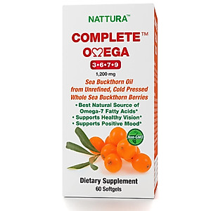 Complete Omega 3-6-7-9, Pure Sea Buckthorn Oil, European Quality, from Unrefined, Cold Pressed Whole Sea Buckthorn Wild Berries - Non-GMO, Certified Kosher, Gluten-Free 1 Bottle - 60 Capsules
