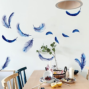 MEFOSS 4 Sheets Blue Feather Wall Decals Peel and Stick DIY Feather Wall Stickers Art for Living Room Bedroom Kids Room Wall Decor Kitchen Window Furniture Decorations