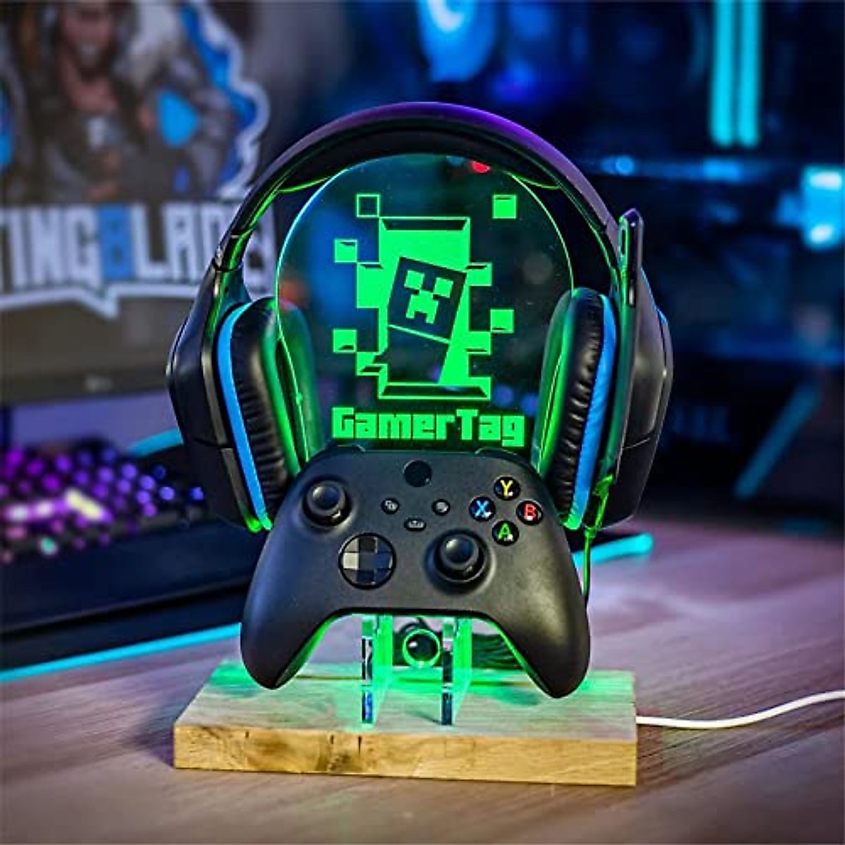 Personalised Headset Controller Hanger, RGB LED Gaming Station Console Controller Holder | Gamer Gift Idea Compatible with Universal Headset, Controller