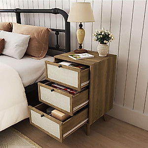 PHOYAL Rattan Nightstand Set of 2, End Table Rattan Bedside Table with Storage 3-Drawer Side Table with 3 Hand Made Rattan Decorated Drawers Wood Accent Table, Walnut 2 Pack
