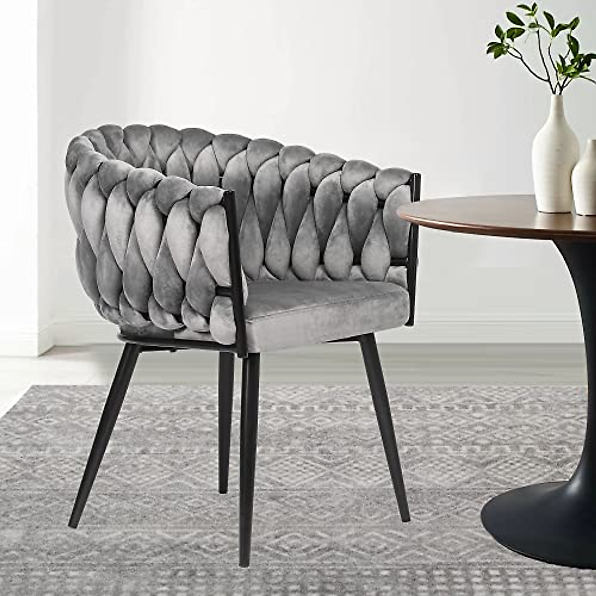 Adeco Velvet Dining Set of 2, Modern Accent Arm Living Room Black Metal Legs, Upholstered Leisure Chair with Hand Woven Backrest for Kitchen Side Table, Grey