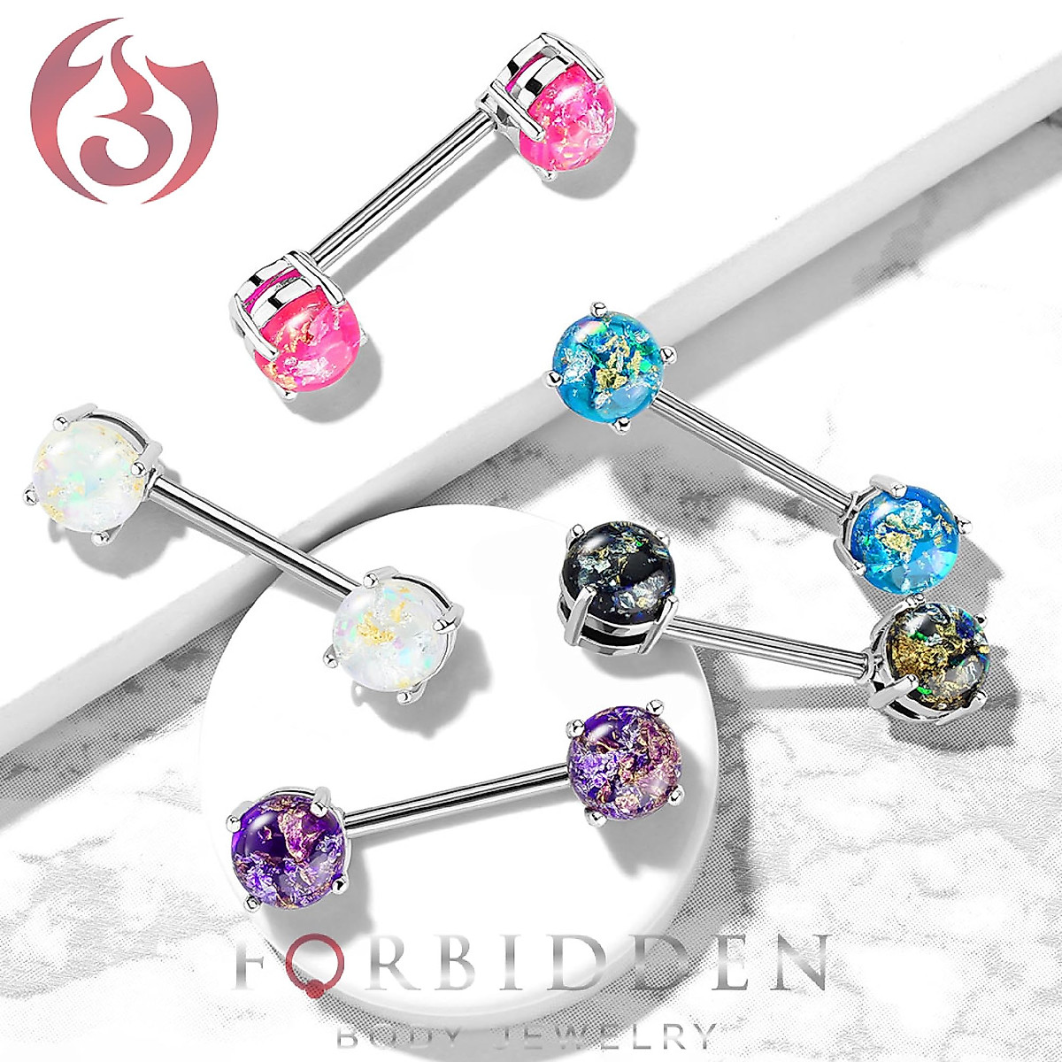 Forbidden Body Jewelry Pair of Surgical Steel 9/16 Inch (14mm) Glittery Faux Opal Stone Sexy Nipple Barbells, Clear