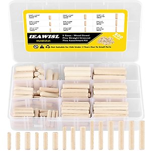 Wooden Dowel Pins, 200PCS Mutdisket Wood Beveled Ends Tapered Pins Wood Pegs, Groove Wooden Dowel Pins - 9 Sizes 6mm 8mm 10mm Straight Grooved Pins for Furniture, Door, Crafts, DIY