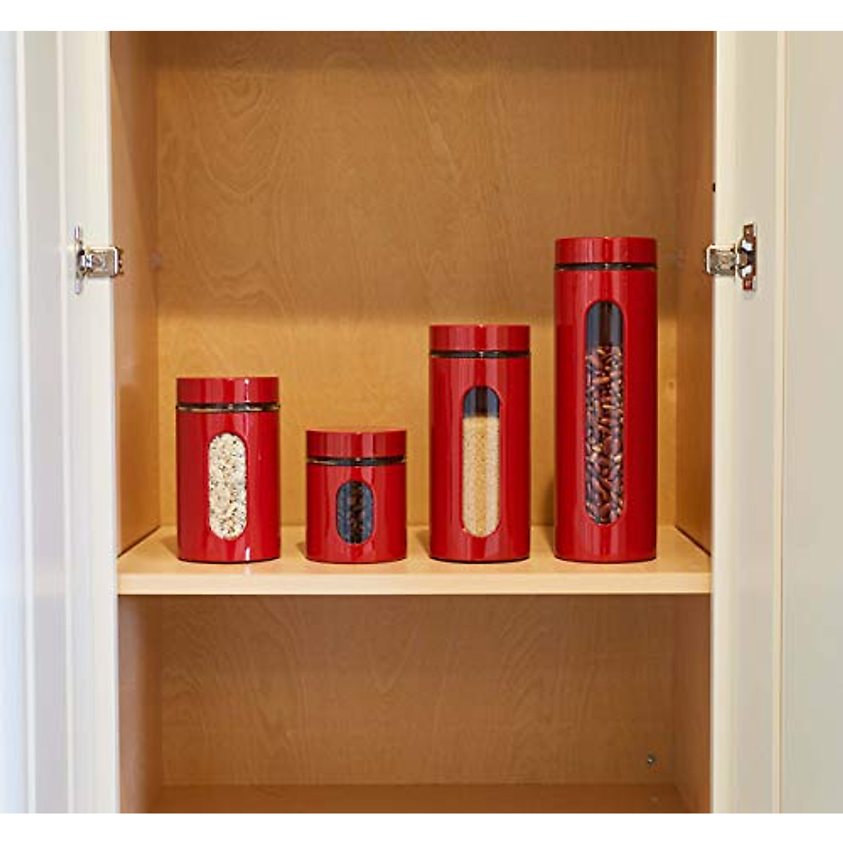 Quality Modern Red Stainless Steel Canister Set for Kitchen Counter with Glass Window & Airtight Lid - Food Storage Containers with Lids Airtight - Pantry Storage and Organization Set