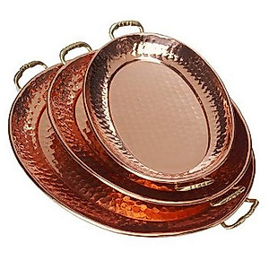 Old Dutch Hammered Copper Oval Trays with Cast Brass Handles, 17" x 13"/15" x 11"/131/4" x 83/4", Set of 3