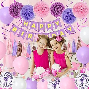 Purple Pink Birthday Party Decorations for Women Girls with Happy Birthday Banner,Hanging Swirls,Tissue Paper Pompoms,Circle Dots Garland,Tassel Garland Purple Birthday Balloons (Purple)