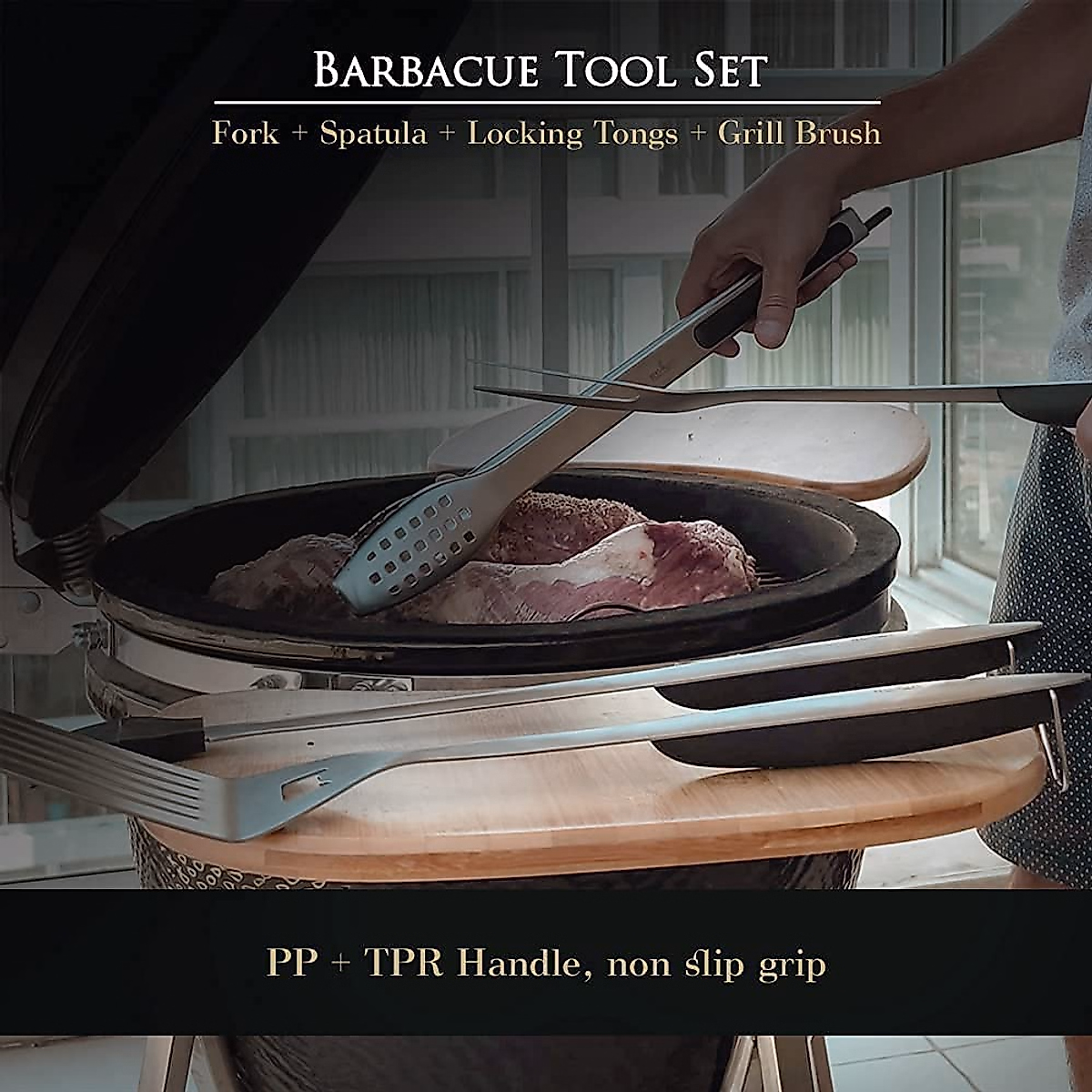 HUMOS, Combo, Outdoor Vertical Charcoal Smoker 3, Premium Extra Thick BBQ Tools Set x 4 pcs, Wood Fire Starter 48 Squares for Grill and Top Meat Smokers Box in Barbecue Grilling Accessories.