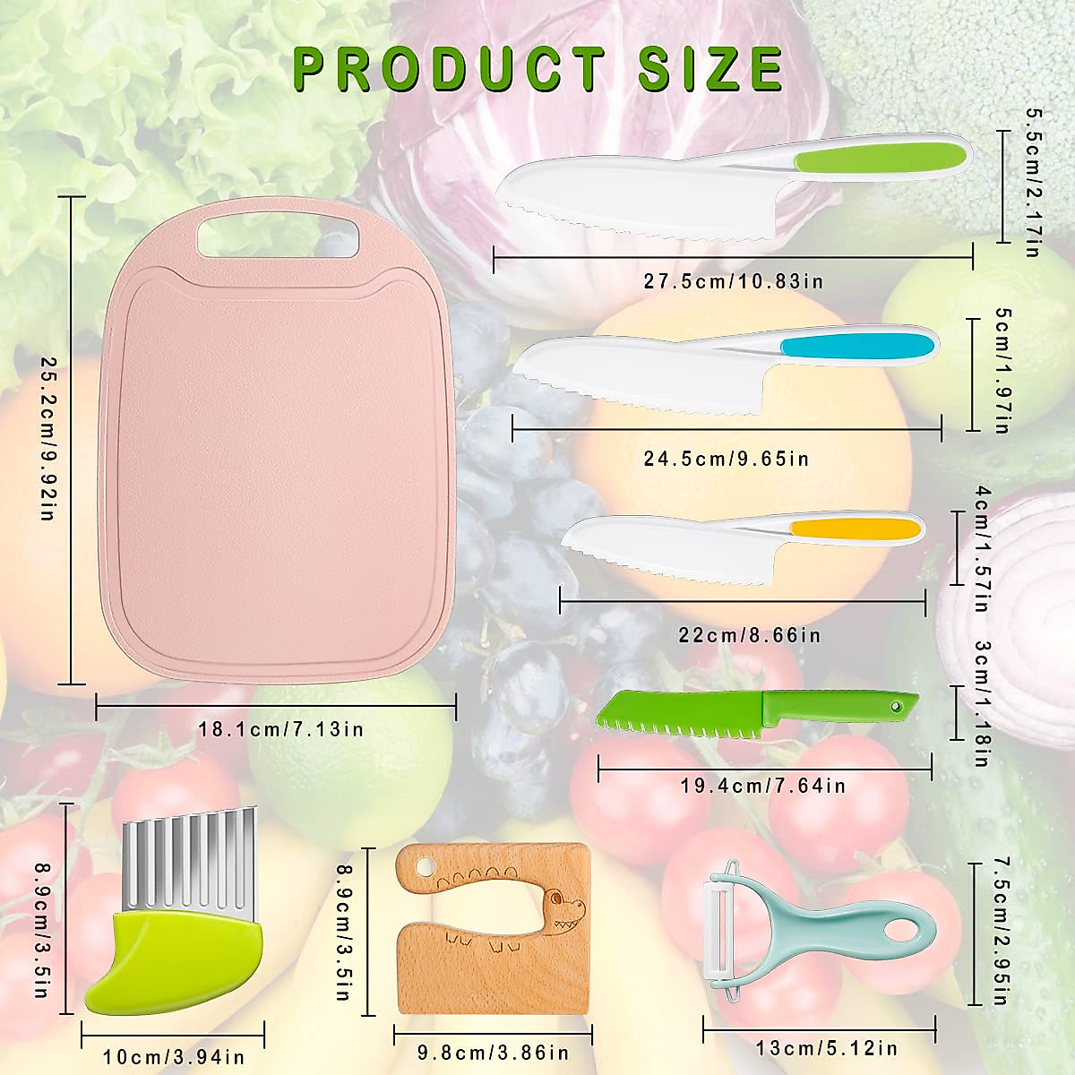 HANHAN 8 PCS Kids Knife Set, Include 4 Pcs Plastic Knives with Serrated Edges, Crinkle Cutter, Y Peeler, Crocodile Wood Knife & Durable Cutting Board for Fruit, Vegetable, Bread, Cake & more (#A)
