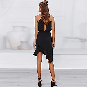 Shakumy Women Casual Sleeveless Halter Neck Boho Print Mini Dress Ruffle Irregular Hem Party Beach Tunic Short Dress