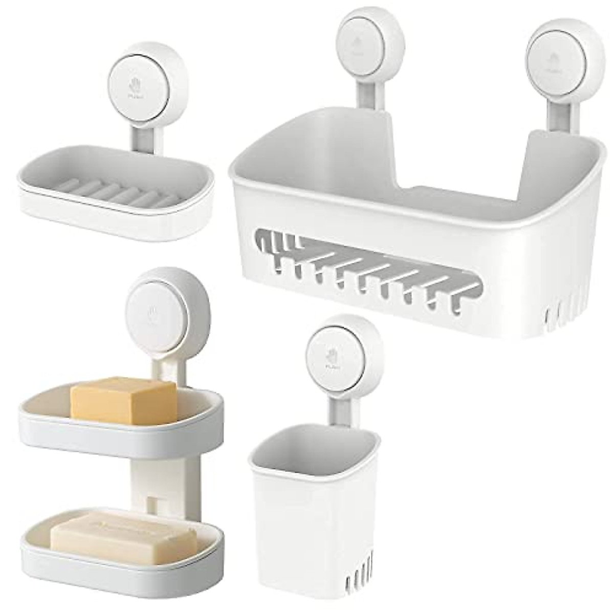 LEVERLOC Shower Caddy & Soap Holder & Toothbrush Holder Soap Dish Suction Cup Double Layer One Second Installation NO-Drilling Removable Bathroom Organizer Set Powerful Heavy Duty Waterproof
