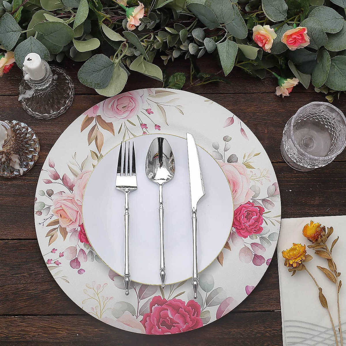 Efavormart 6 Pack | 13" Rose Flower Design Plastic Serving Plates, Disposable Spring Floral Print Charger Trays