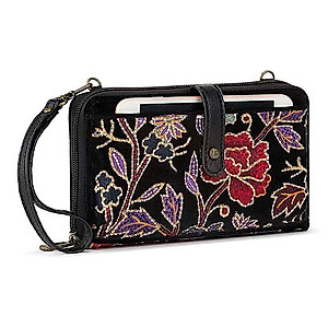 Sakroots Embroidered Large Smartphone Crossbody (Embroidered Black Flower Power)